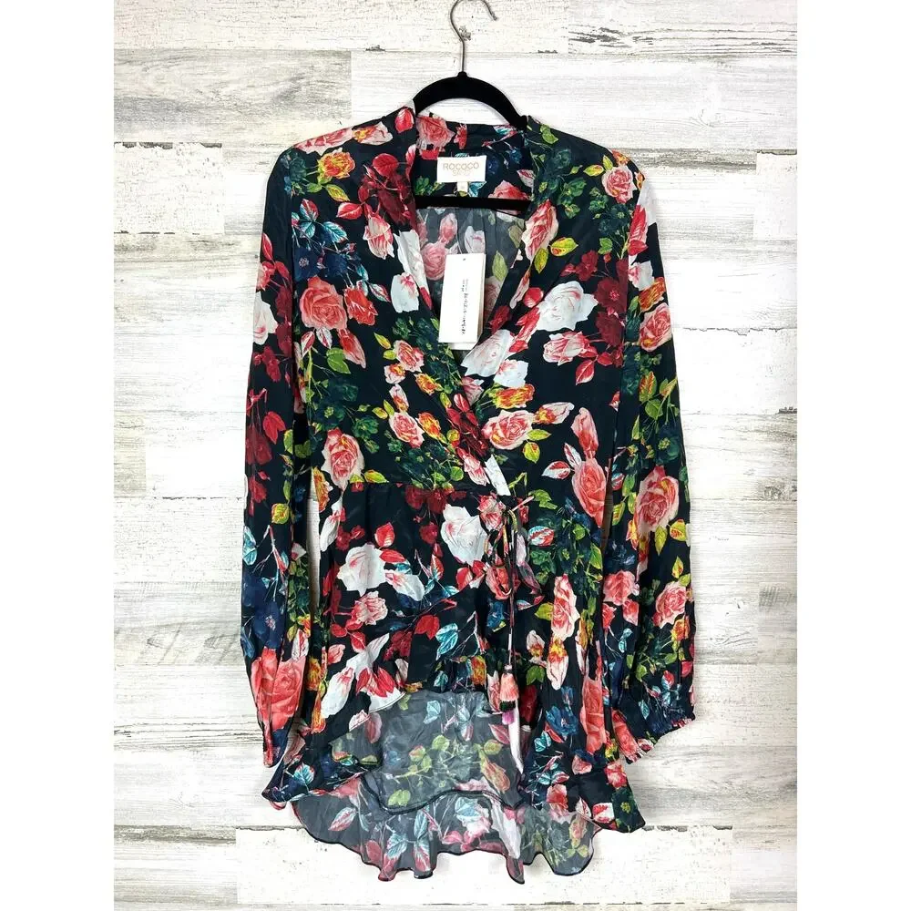 Rococo Sand | Dresses | Rococo Sand Womens M Black Floral Wrap Long ...
